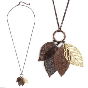 POMINA Chocolate Gold Silver Two Tone Filigree Fall Leaf Necklace Fashion Statement Chic Sweater Chain Long Necklace for Women (Worn Choco Gold)