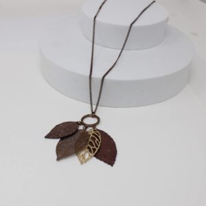 POMINA Chocolate Gold Silver Two Tone Filigree Fall Leaf Necklace Fashion Statement Chic Sweater Chain Long Necklace for Women (Worn Choco Gold)