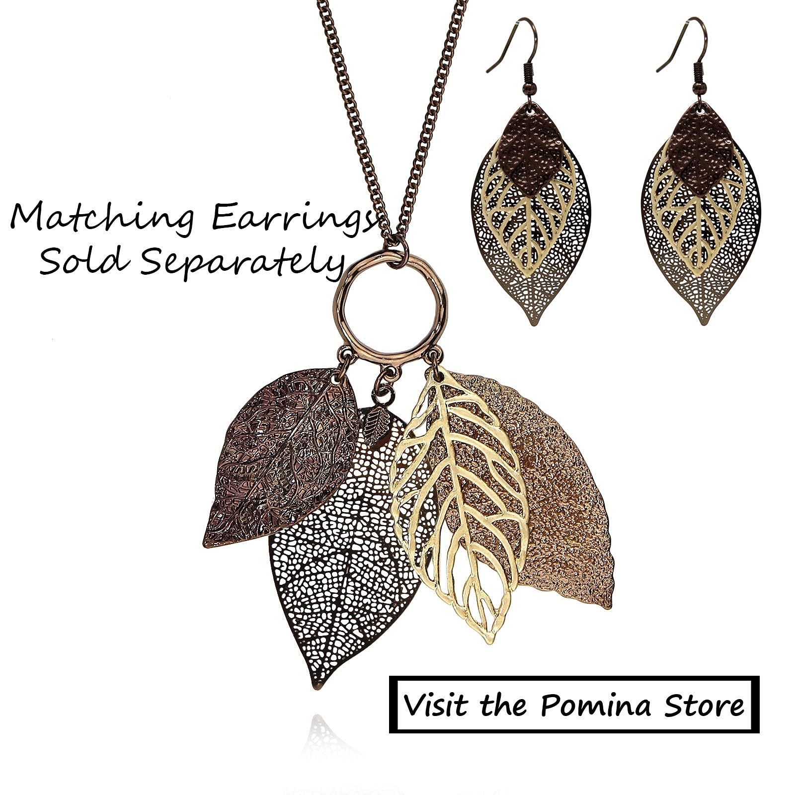 POMINA Chocolate Gold Silver Two Tone Filigree Fall Leaf Necklace Fashion Statement Chic Sweater Chain Long Necklace for Women (Worn Choco Gold)