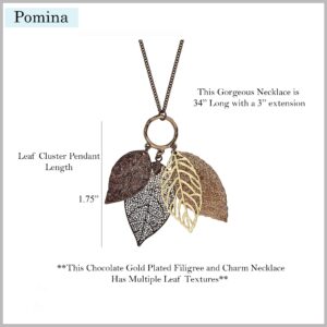 POMINA Chocolate Gold Silver Two Tone Filigree Fall Leaf Necklace Fashion Statement Chic Sweater Chain Long Necklace for Women (Worn Choco Gold)