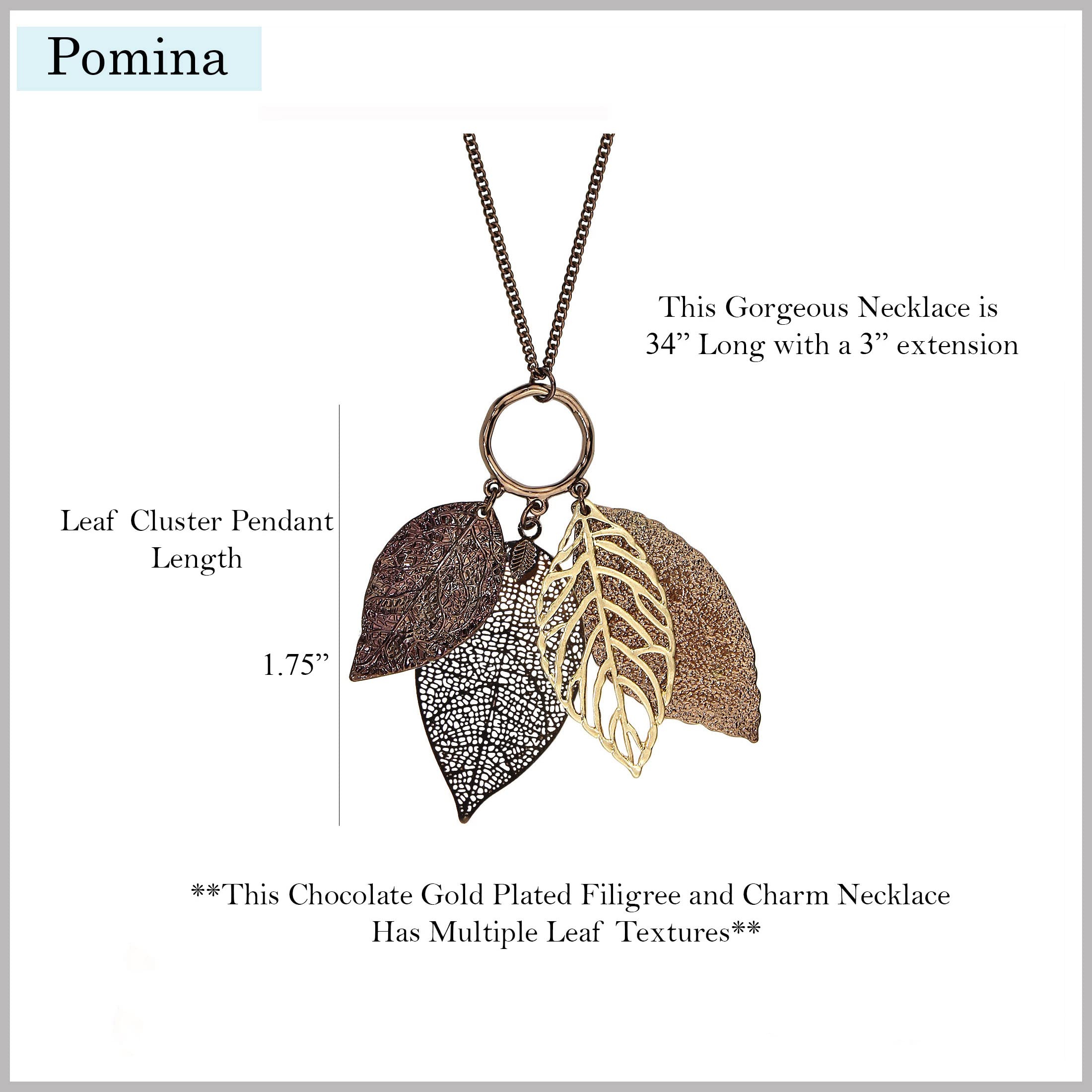 POMINA Chocolate Gold Silver Two Tone Filigree Fall Leaf Necklace Fashion Statement Chic Sweater Chain Long Necklace for Women (Worn Choco Gold)