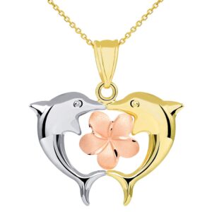 jewelry america 14k tri color gold high polish kissing dolphins with hawaiian plumeria flower pendant necklace, 20"