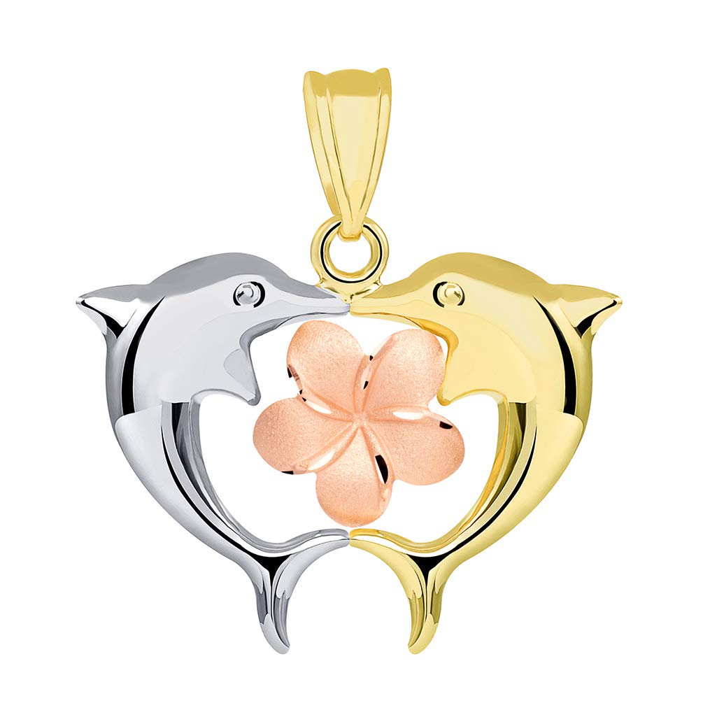 Jewelry America 14k Tri Color Gold High Polish Kissing Dolphins with Hawaiian Plumeria Flower Pendant Necklace, 20"