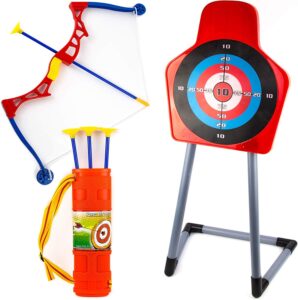 toysery bow and arrow toy set for kids – archery set with 3 suction cup arrows, quiver and free standing target, ideal for indoor, outdoor hunting adventure games