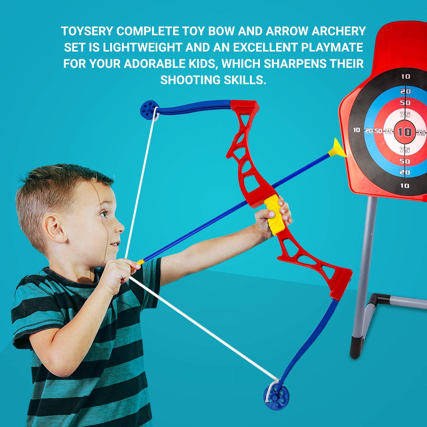 Toysery Bow and Arrow Toy Set for Kids – Archery Set with 3 Suction Cup Arrows, Quiver and Free Standing Target, Ideal for Indoor, Outdoor Hunting Adventure Games