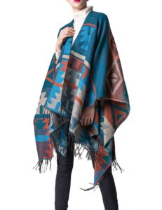 xxxiticat women's native american trendy cashmere plaid pattern wrap shawl cardigan poncho cape scarf(be) blue