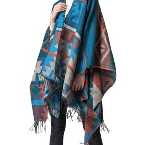 xxxiticat Women's Native American Trendy Cashmere Plaid Pattern Wrap Shawl Cardigan Poncho Cape Scarf(BE) Blue