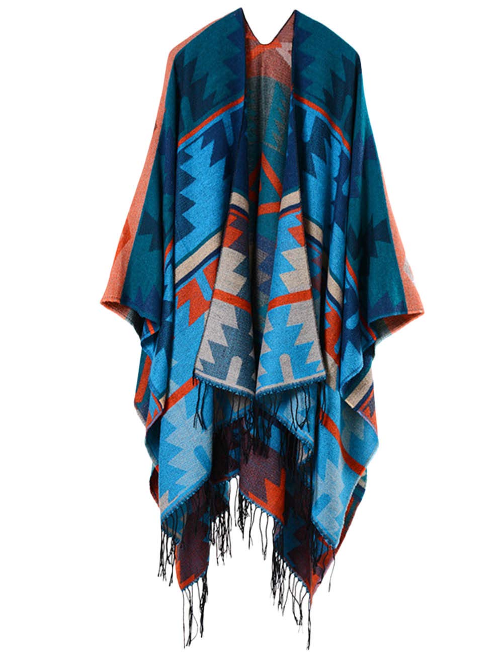 xxxiticat Women's Native American Trendy Cashmere Plaid Pattern Wrap Shawl Cardigan Poncho Cape Scarf(BE) Blue