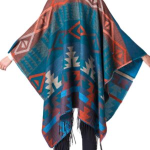 xxxiticat Women's Native American Trendy Cashmere Plaid Pattern Wrap Shawl Cardigan Poncho Cape Scarf(BE) Blue