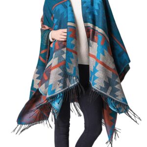 xxxiticat Women's Native American Trendy Cashmere Plaid Pattern Wrap Shawl Cardigan Poncho Cape Scarf(BE) Blue