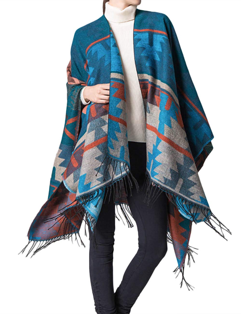 xxxiticat Women's Native American Trendy Cashmere Plaid Pattern Wrap Shawl Cardigan Poncho Cape Scarf(BE) Blue