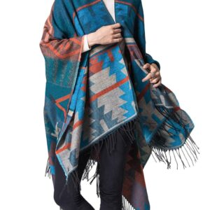 xxxiticat Women's Native American Trendy Cashmere Plaid Pattern Wrap Shawl Cardigan Poncho Cape Scarf(BE) Blue