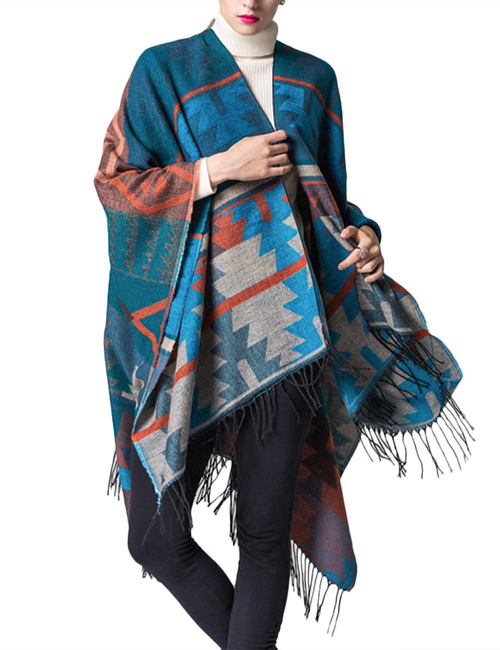 xxxiticat Women's Native American Trendy Cashmere Plaid Pattern Wrap Shawl Cardigan Poncho Cape Scarf(BE) Blue