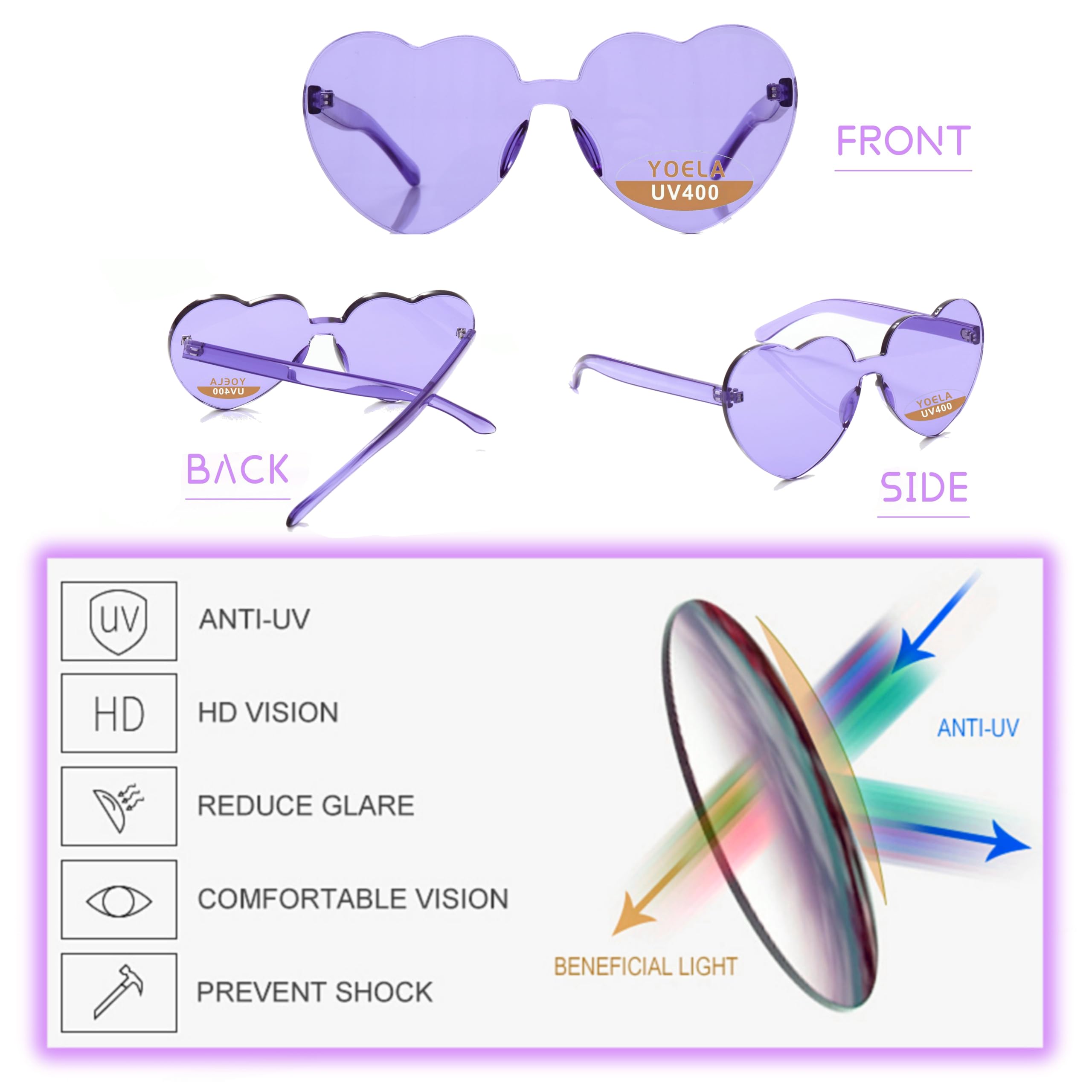 OLIN Heart Thick Oversized Rimless Sunglasses One Piece Heart Shape Eyewear Colored Sunglasses for Women Purple, Heart