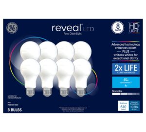 ge reveal 8-pack 60 w equivalent dimmable color-enhancing 2850k warm white a19 led light fixture light bulbs fixture