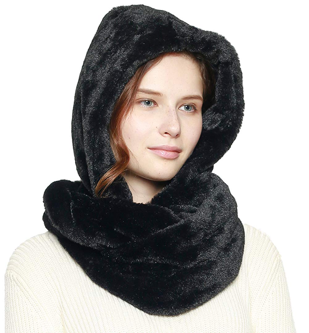 Fashion 21 Women's Thick & Soft Faux Fur Infinity Hood Scarf Head Scarf Shawl Wrap (Hooded - Black)