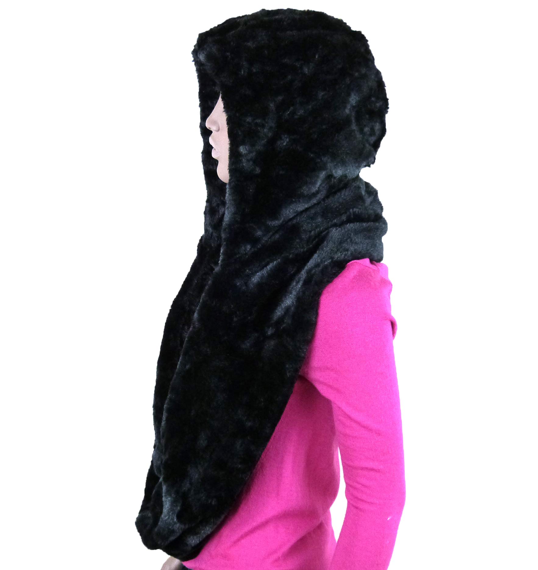 Fashion 21 Women's Thick & Soft Faux Fur Infinity Hood Scarf Head Scarf Shawl Wrap (Hooded - Black)