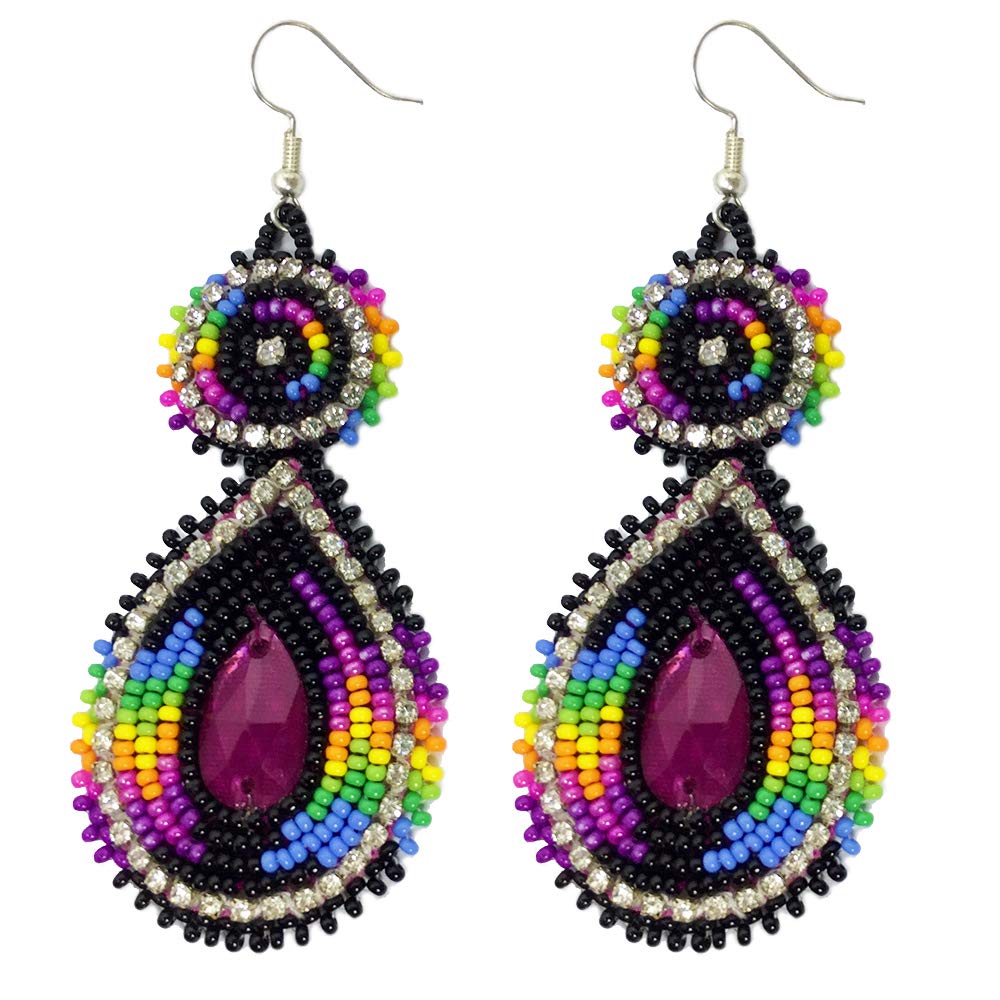 Handmade Seed Beaded Teardrop Hook Earrings (Purple Black)