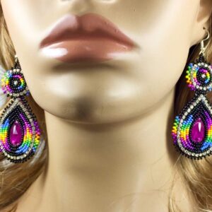 Handmade Seed Beaded Teardrop Hook Earrings (Purple Black)