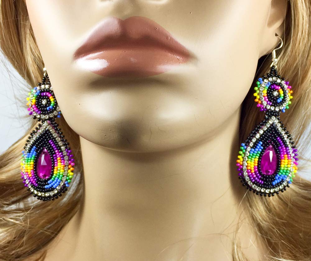 Handmade Seed Beaded Teardrop Hook Earrings (Purple Black)