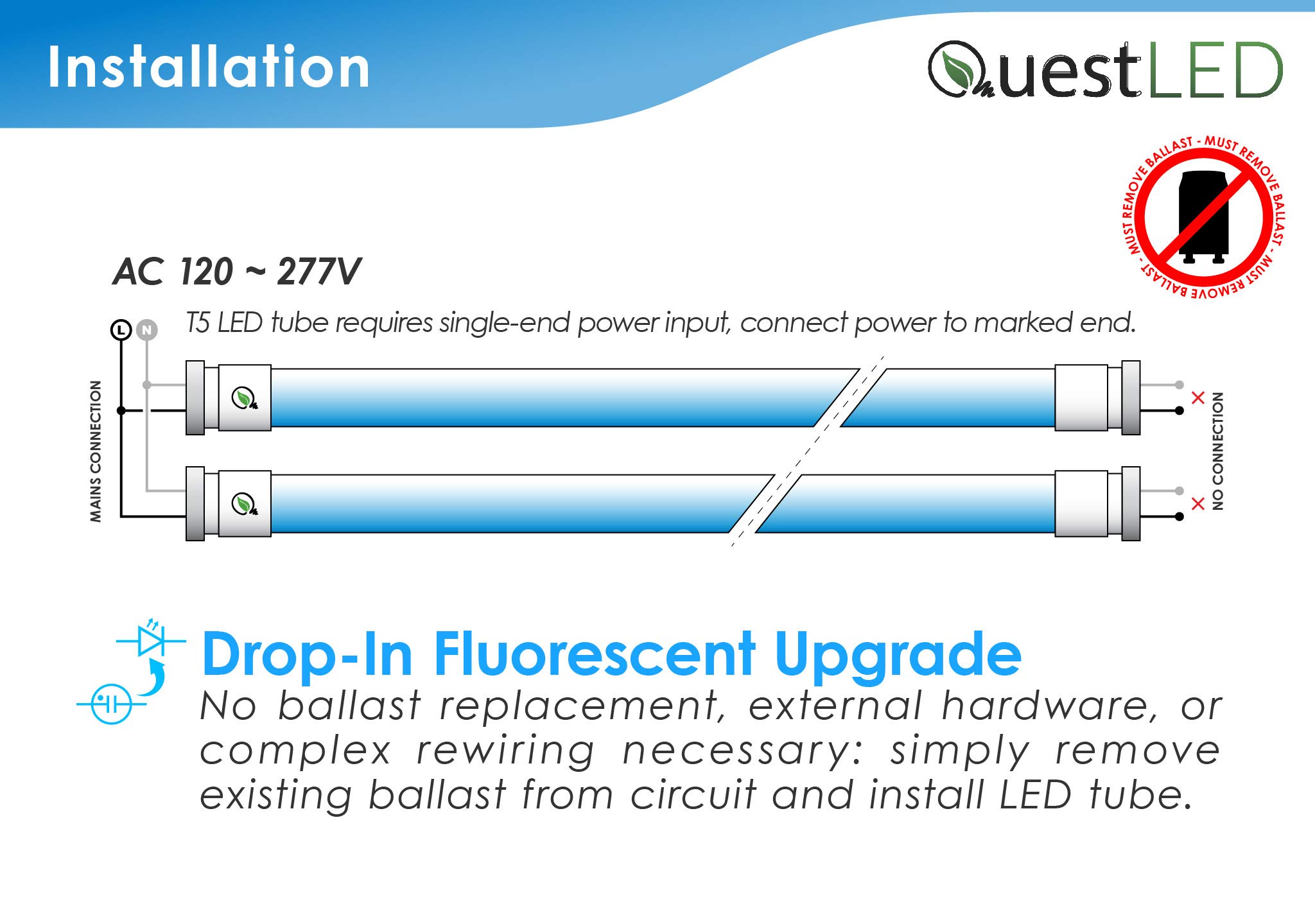 LED T5 Ballast Bypass Tube Light (30 PACK) Shatterproof; 120-277V; 24W; 3200 Lumens=160lms/w; Rewire direct to AC power single sided connection; 50,000 Life Hours; 5 Year Warranty; UL & DLC Listed