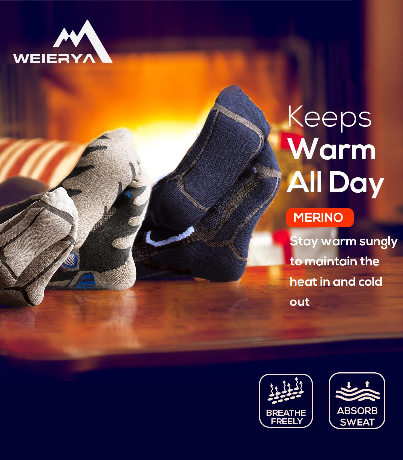 WEIERYA Merino Wool Ski Socks 2 Pairs Pack for Skiing, Snowboarding, Outdoor Sports Performance Socks Grey 2 Pairs L