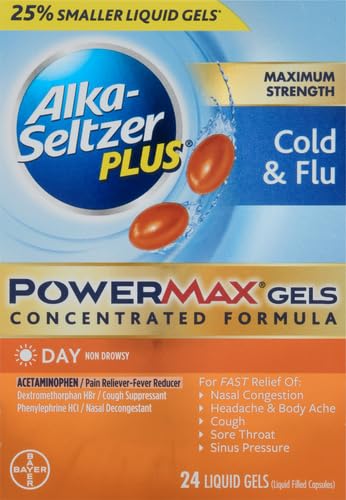 Alka-seltzer Plus Cold & Flu, Power Max Cold and Flu Medicine, Day, For Adults with Pain Reliver/Fever Reducer, Cough Suppressant, Nasal Decongestant, 24 count