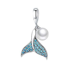 blue mermaid tail & shell pearl charm 925 sterling silver ocean charm beads for bracelet & necklace (blue)