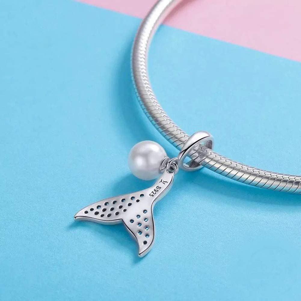 Blue Mermaid Tail & Shell Pearl Charm 925 Sterling Silver Ocean Charm Beads for Bracelet & Necklace (Blue)