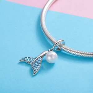 Blue Mermaid Tail & Shell Pearl Charm 925 Sterling Silver Ocean Charm Beads for Bracelet & Necklace (Blue)