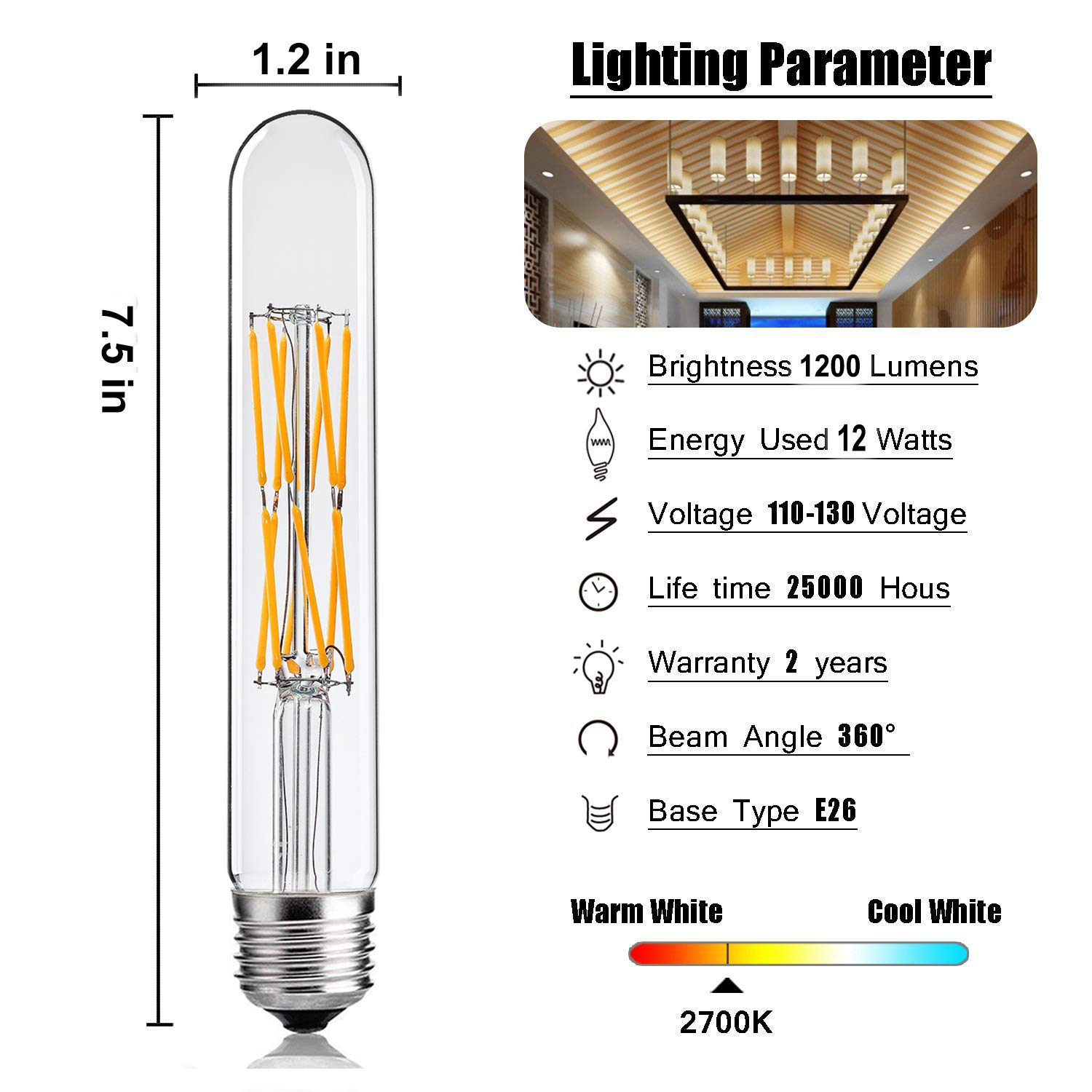 Leools T10 Led Bulbs,12W Dimmable Tubular Led Bulb,100 Watt Equivalent Edison Style Vintage LED Filament Light Bulb, E26 Long Tube Bulb,2700K Soft Warm White,7.3in(185mm),3-Pack.