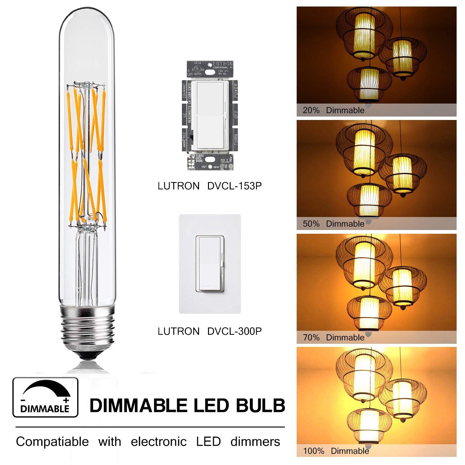 Leools T10 Led Bulbs,12W Dimmable Tubular Led Bulb,100 Watt Equivalent Edison Style Vintage LED Filament Light Bulb, E26 Long Tube Bulb,2700K Soft Warm White,7.3in(185mm),3-Pack.