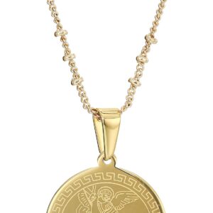 LESLIE BOULES Saint Michael Archangel Necklace 18 Inches Stainless Steel 18K Gold Plated Pendant