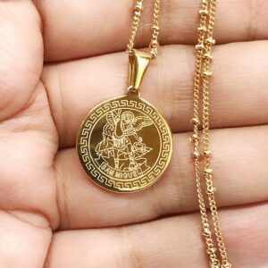 LESLIE BOULES Saint Michael Archangel Necklace 18 Inches Stainless Steel 18K Gold Plated Pendant