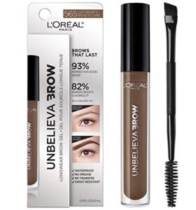 l'oreal paris unbelieva-brow longwear waterproof tinted brow gel, smudge-resistant, transfer- proof, quick drying, easy and quick application with precise brush, light brunette, 0.15 fl. oz.