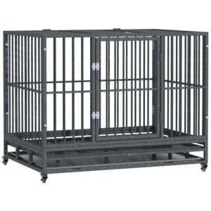 pawhut 43" heavy duty dog crate metal cage kennel with lockable wheels, double door and removable tray, gray