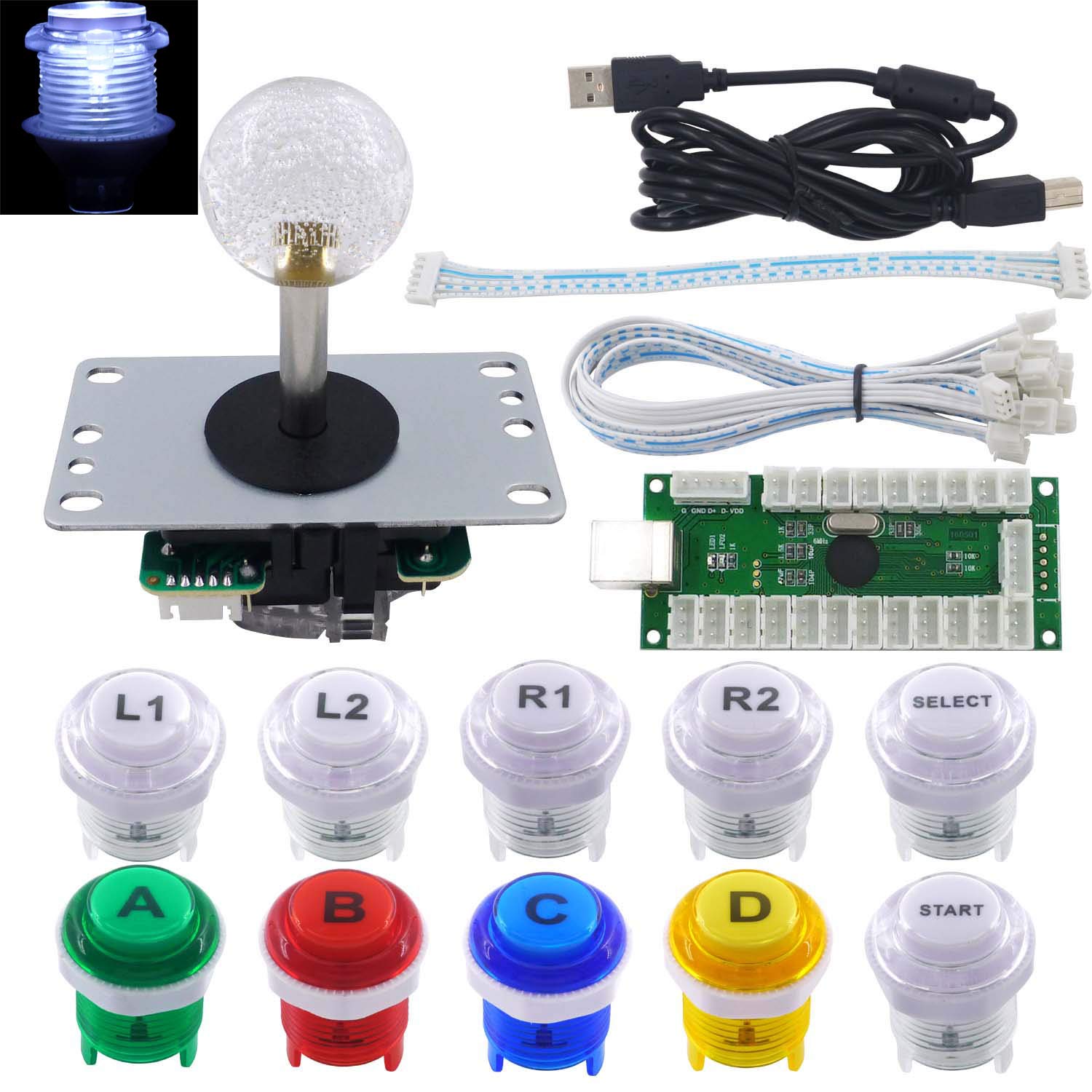 SJ@JX Arcade Stick DIY Kit 10x Buttons with Logo LED MX 8 Way Joystick USB Encoder for PC MAME Raspberry Pi Color Mix