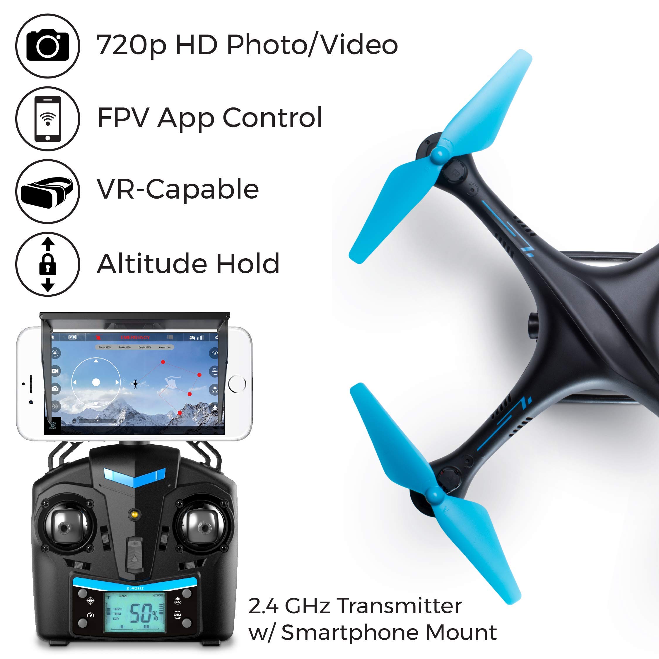 Force1 U45WF FPV RC Drone with Camera - VR Capable WiFi Quadcopter Remote Control Flying Drone with 720p HD Camera Live Video, 6 Axis Gyro, Altitude Hold, Headless Mode, and 2 Drone Batteries