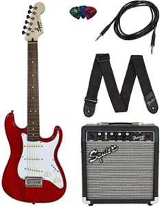 squier by fender short scale stratocaster pack with frontman 10g amp, cable, strap, and picks - red