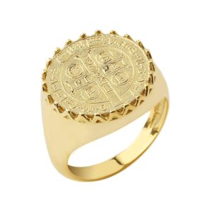 saint collection exquisite 10k yellow gold st. benedict medal statement ring (size 11)