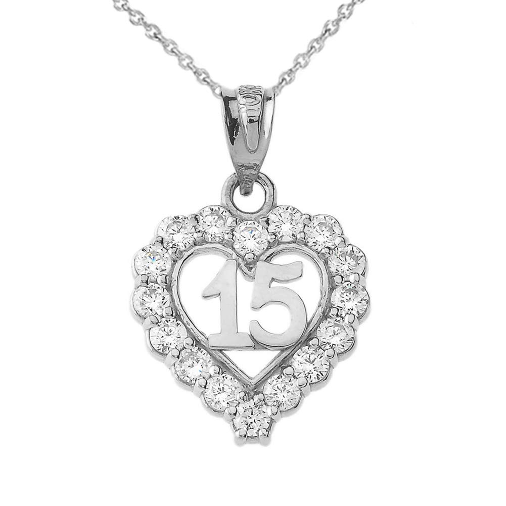 .925 Sterling Silver White Cubic Zirconia Sweet 15 Años Quinceanera Open Heart Pendant Necklace - 16"