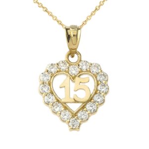 elegant 14k yellow gold quinceanera open heart charm pendant necklace with cubic zirconia, 18"