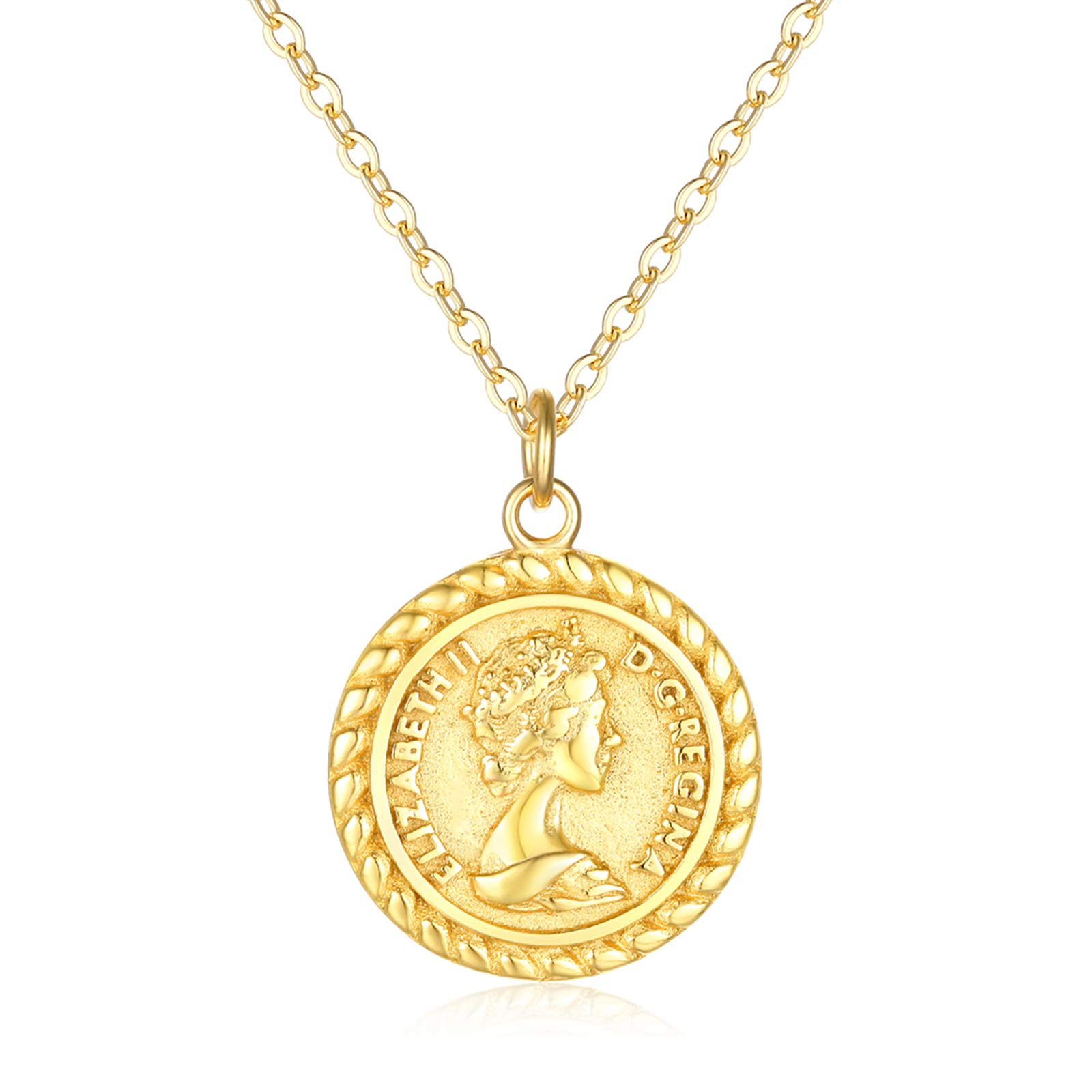 VACRONA Coin Necklace for Women 18k Gold Plated Vintage Coin Round Pendant Necklace Gold Circle Disk Medal Textured Medallion Protection Dainty Jewelry Gift for Her