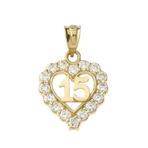 elegant 10k yellow gold quinceanera open heart charm pendant with cubic zirconia