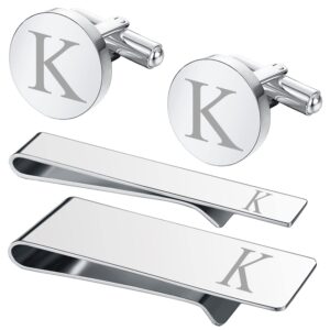 bodyj4you 4pc cufflinks, tie bar, money clip - initial k engraving alphabet letter - mirror polished metallic steel jewelry set - men's cuff links shirt formal suit - fathers day wedding groom