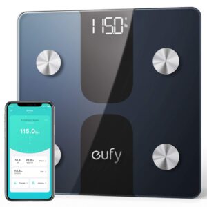 eufy by anker, smart scale c1 with bluetooth, body fat scale, wireless digital bathroom scale, 12 measurements, weight/body fat/bmi, fitness body composition analysis, black/white, lbs/kg