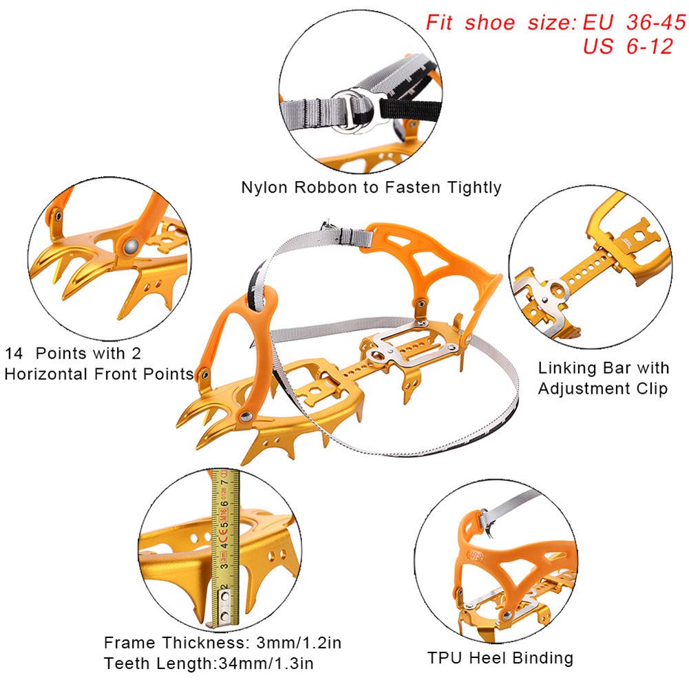 BRS-S3 Ultralight 14 Teeth Aluminium Alloy Bundled Crampons Ice Gripper Outdoor Ice Climbing Kits Crampons for Footwear (Golden)