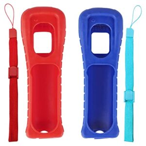 jadebones 2x silicone skin case cover with wrist strap for wii remote controller (red+blue)