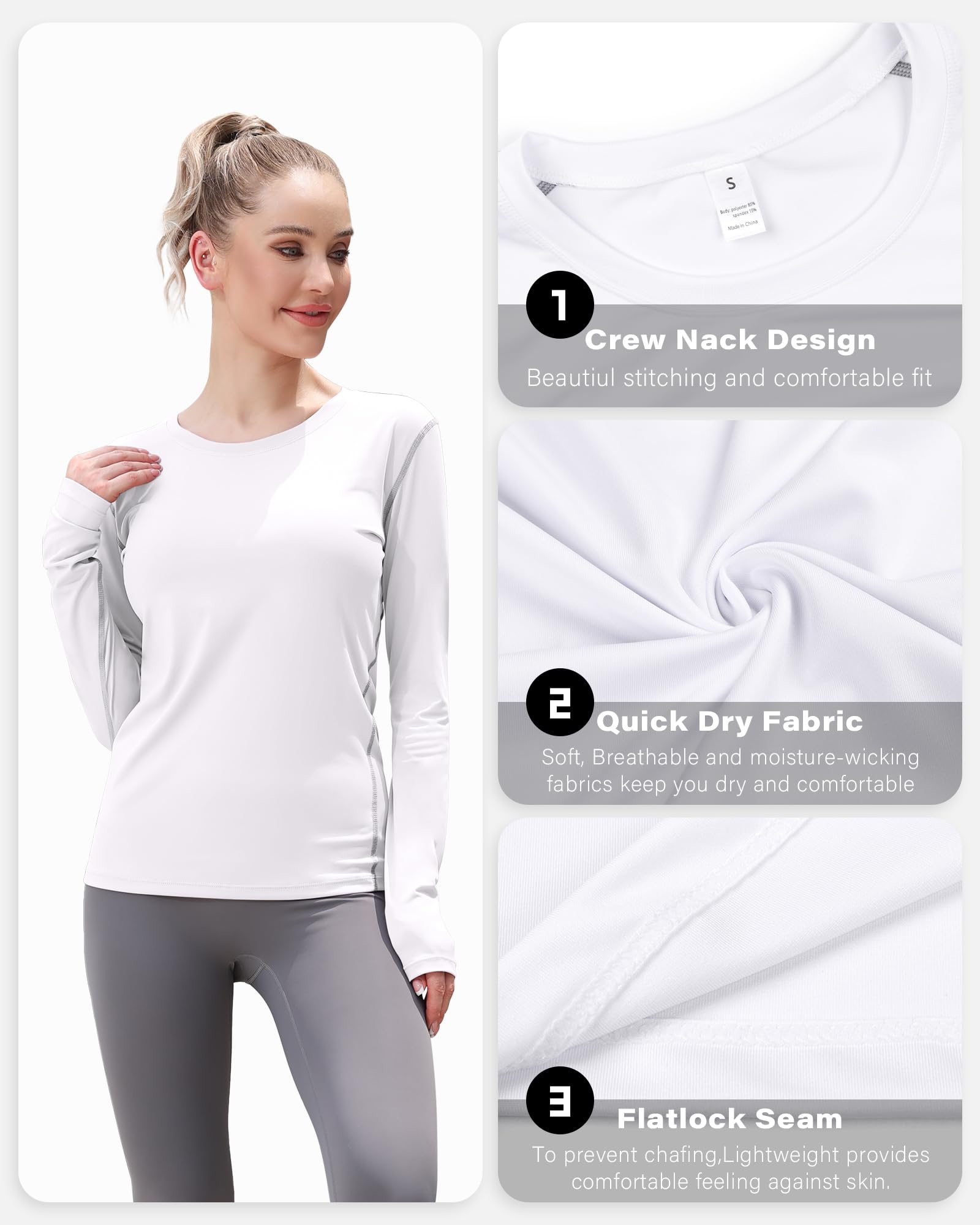 WANAYOU Women's 2 Pack Compression Shirt Dry Fit Long Sleeve Workout Shirts Yoga Athletic Running T Shirt Undershirts Baselayers(2 Pack White, Medium)