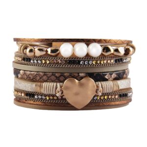 azora leather cuff bracelet multi strands beige wrap bangle with pearl boho jewelry for women christmas gift